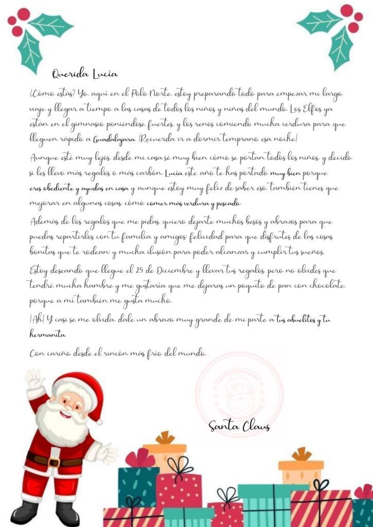 Carta Personalizada para imprimir de Papá Noel o Santa Claus